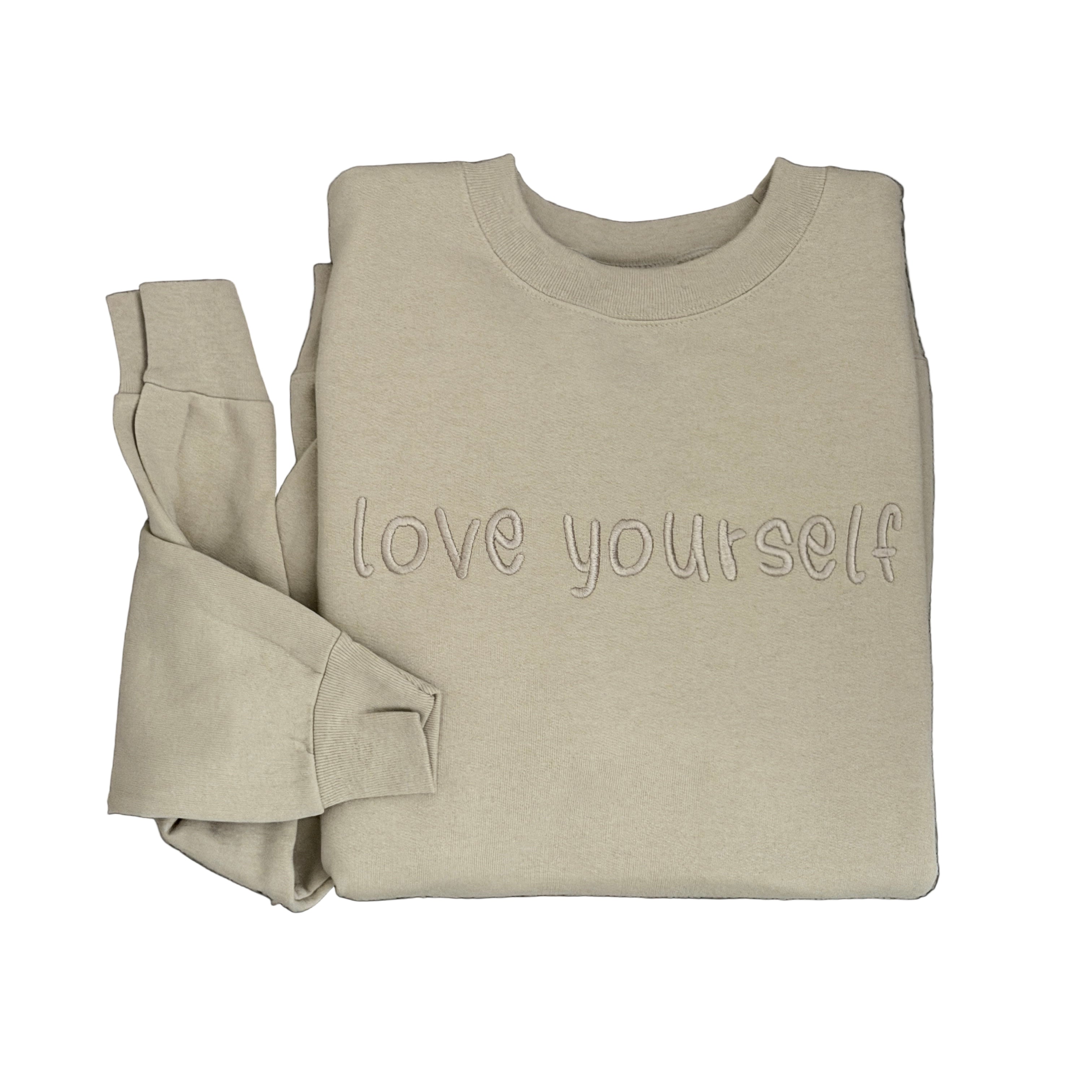 Biscuit Sandstone Monochromatic Embroidered Love Yourself Crewneck Swe ...